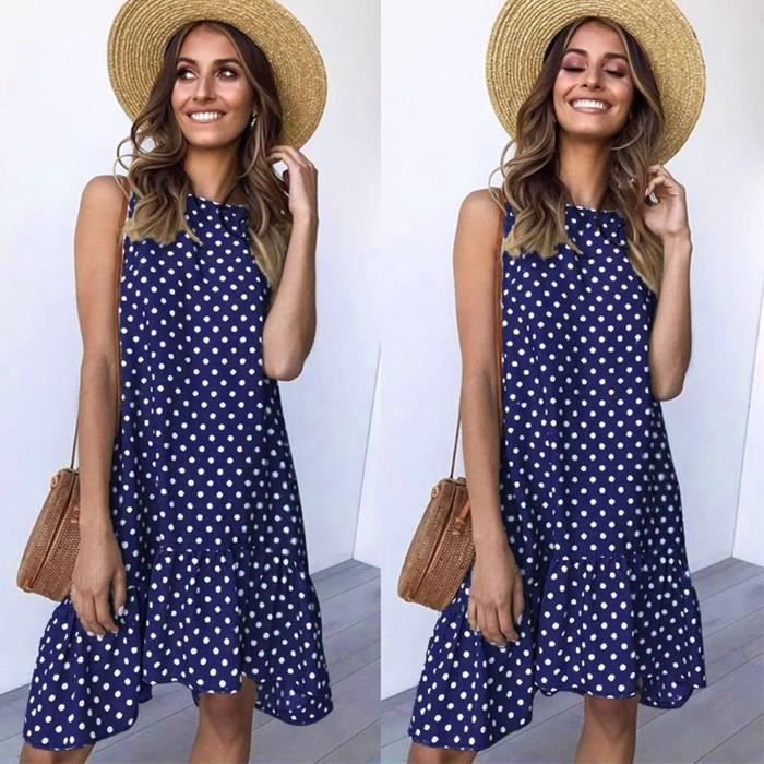 Robe Femme Chic Et Elegant Robe Trapèze Ample Sans Manches À Pois Et ...
