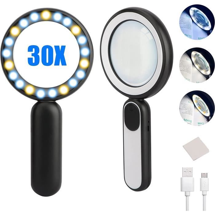 Loupe avec 21 LED - Loupe de lecture 30 x - 3 modes d'éclairage et loupe USB rechargeable pour ...