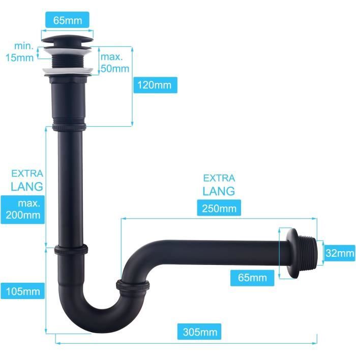 Ensemble – Siphon avec bonde sans trop-plein pour lavabo noir mat ...
