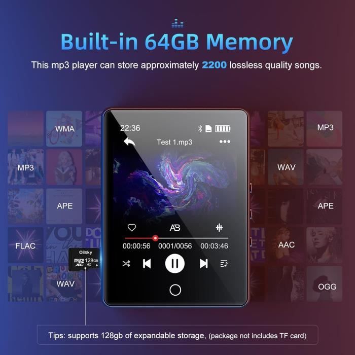 Lecteur Mp3 Bluetooth 5.0, 64Go Lecteur De Musique Mp3, 2.8" Tactile ...