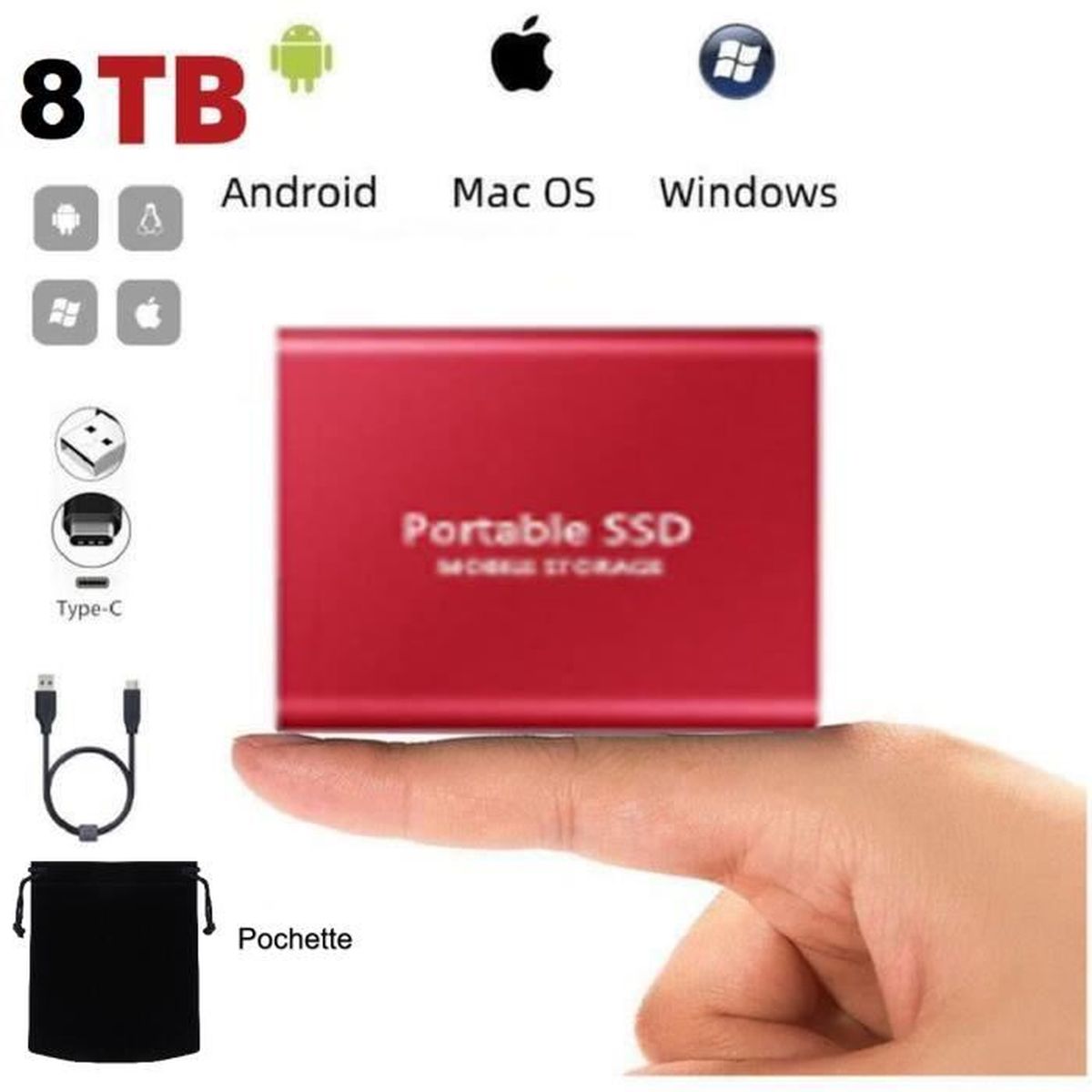 Disque SSD Mini Disque Dur Externe Portable 8TB 8To Rouge Type-C avec ...