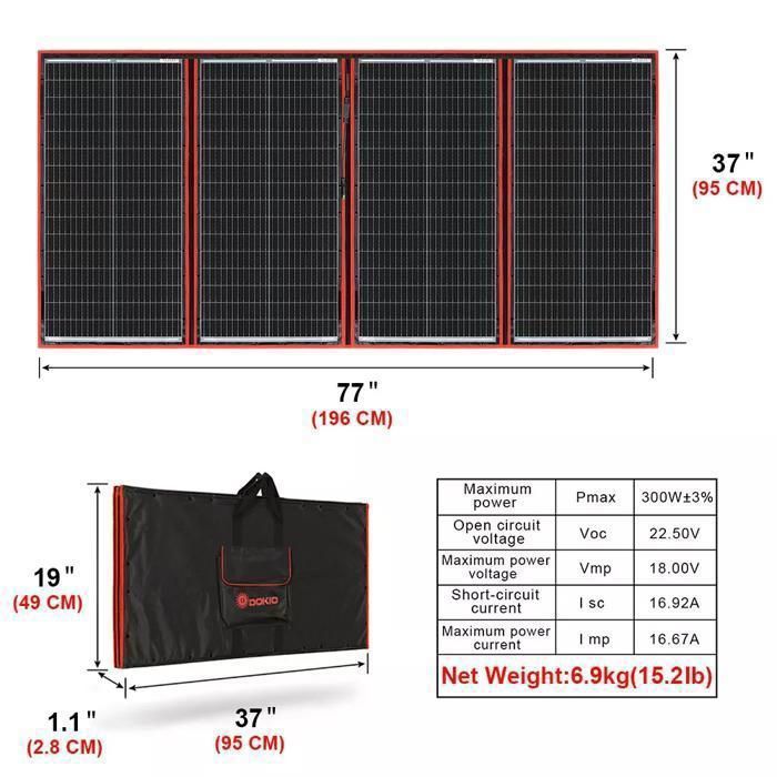 DOKIO Panneau Solaire Pliable 290W Kit monocristallin avec régulateur de charge solaire et câble ...