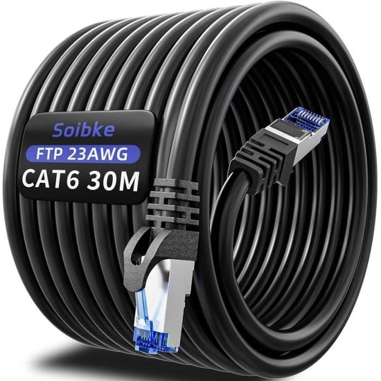 Cable Ethernet 30M Cat 6, Cable Rj45 30M Noir 23Awg Câble Réseau Haut Débit 1000 Mbits Gigabit ...