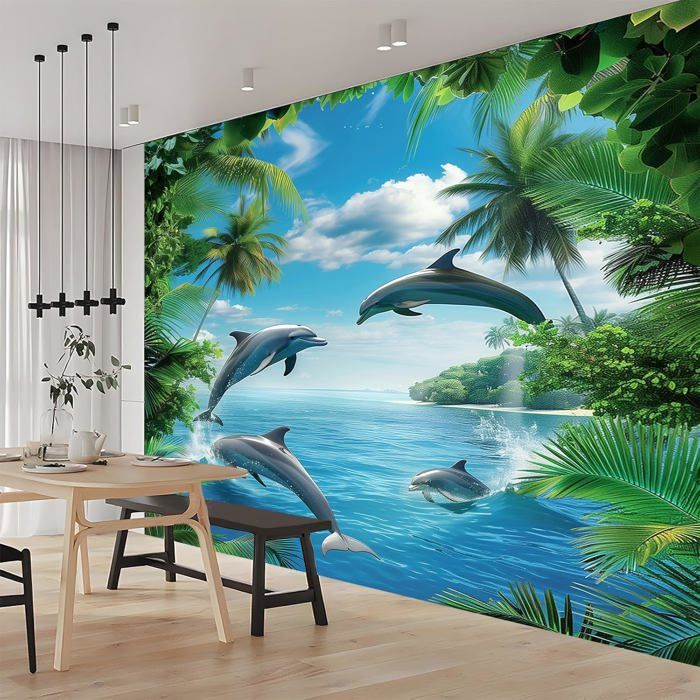 Papier Peint Panoramique Feuilles De Dauphin De Mer 250x175cm Poster ...