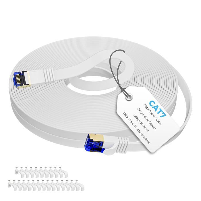 Cat7 Câble Ethernet plat 7.5 mètres-Blanc,câble LAN haut débit, câble ...