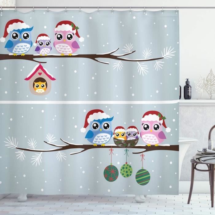 Noël Rideau De Douche, Hiboux Avec Le Père Noël Chapeaux, Tissu ...