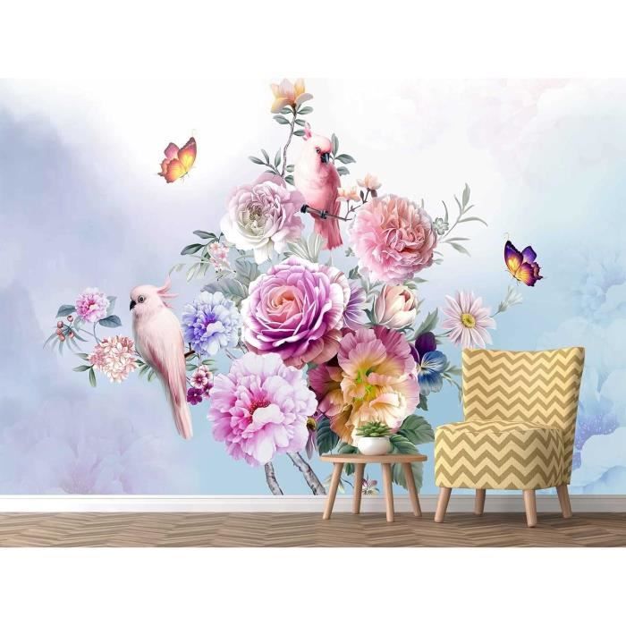 Feuilles romantiques et fleurs papier peint mural pour chambre à ...