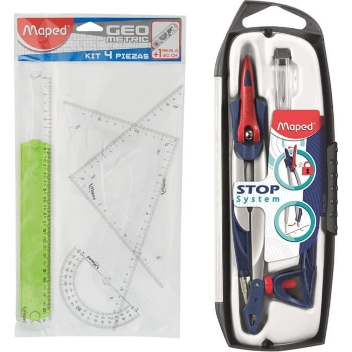 Kit Traz Règle-Equerre-Rapporteur & Coffret Compas Stop System 3 Pièces ...