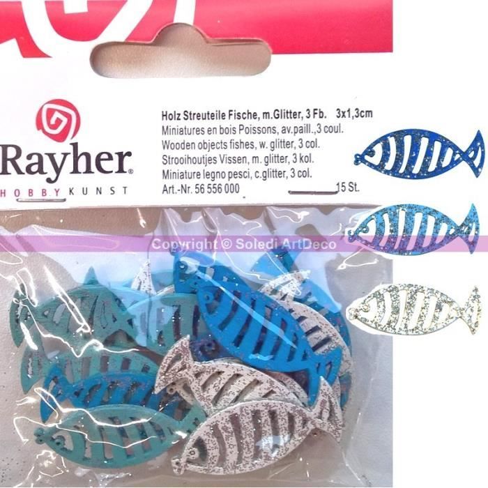 Lot de 15 miniatures poissons en bois peint et paillettes, 3 x 1,3 cm ...