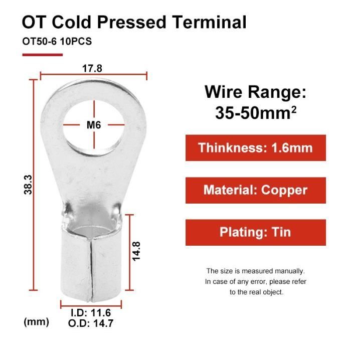 COSSE ELECTRIQUE,30-50MM2 10pcs-M6--Bornes de câblage pressées à froid en cuivre, lot de 10 ...
