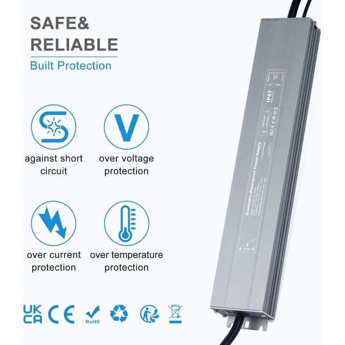 Transformateur 220V 12V Etanche, Dimmable Alimentation Led 12V 200W ...