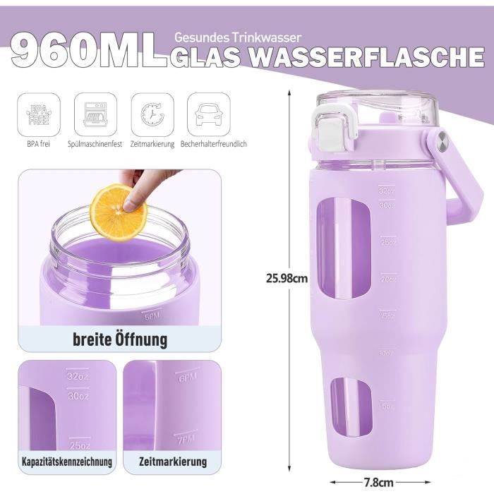 960ml Bouteille d'eau en Verre avec Paille et couvercle Gourde de Motivation avec Marqueur de ...