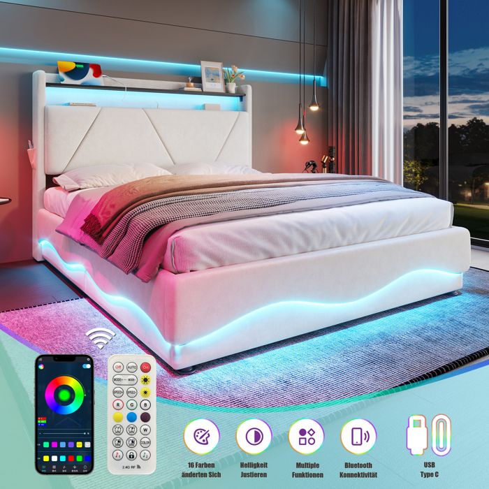 Lit Coffre Double 160×200 cm avec LED, USB, Type-C et Étagères, sans ...