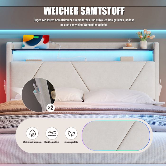 Lit Coffre Double 160×200 cm avec LED, USB, Type-C et Étagères, sans ...
