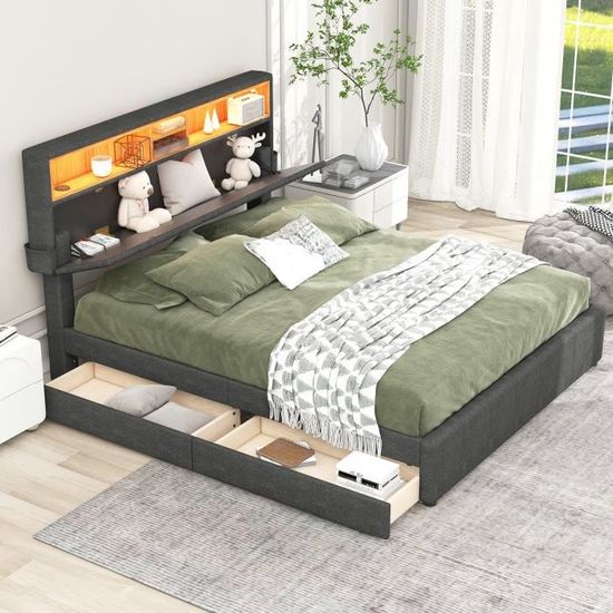 Merax Lit capitonné double 140x200cm en lin gris, avec LED et 2 tiroirs ...