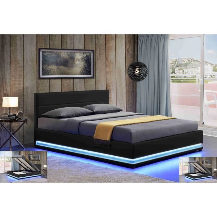 Lit led avec coffre de rangement AVA - Noir 160 X 200 CM - PU - Sommier ...