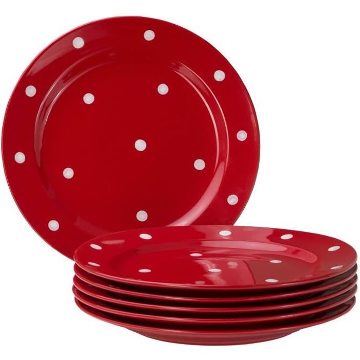 Van Well Emily set de 6 assiettes plates à pois rouges et blancs, rond ...