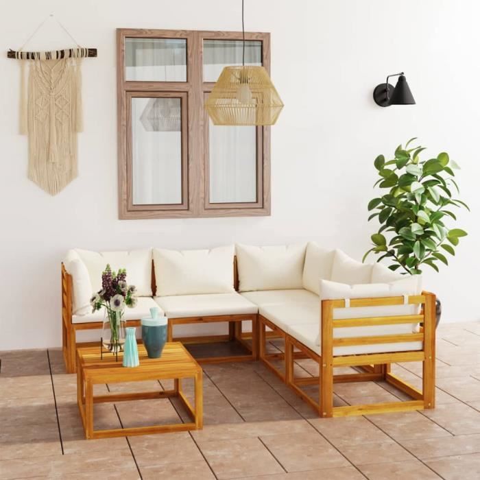 Fdit Salon de jardin 6 pcs avec coussin Crème Bois d'acacia ...