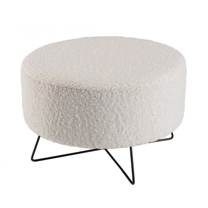 Pouf rond design GOTHY Blanc tissu bouclette / Pieds métal blanc Tissu ...