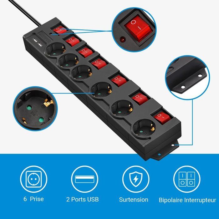 Multiprise avec 6 Prises & 2 USB & 7 Interrupteurs Individuel 3680W Max ...