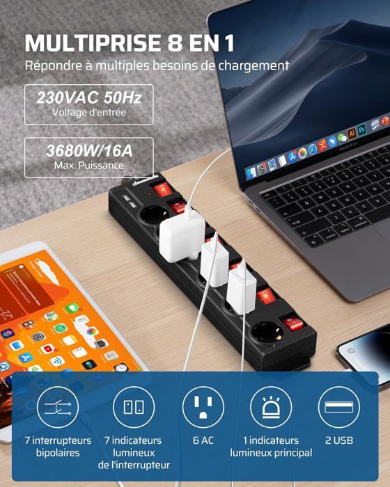 Multiprise avec 6 Prises & 2 USB & 7 Interrupteurs Individuel 3680W Max ...