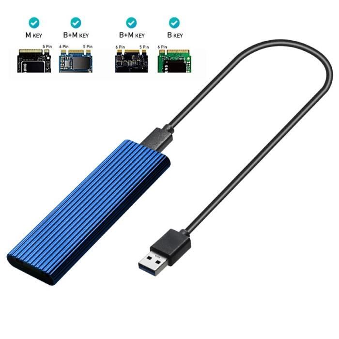 Couleur bleue Boîtier M.2 vers USB pour SSD NVME, adaptateur pour NVME PCIE NGFF SATA M + B Key ...