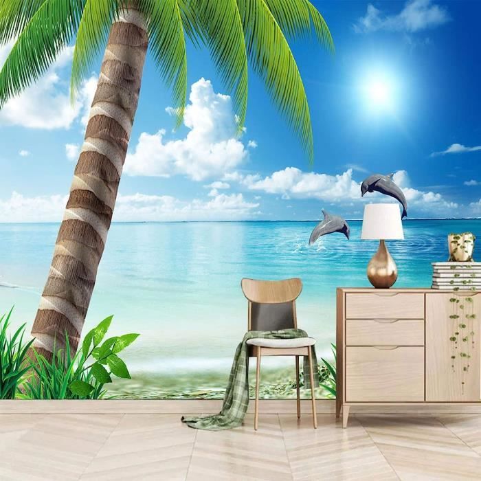 Papier Peint Panoramique Mer Plage Dauphins Palmiers 3D Papier Peint ...
