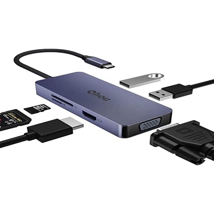 Hub Usb C, 6 En 1 Usb C Vers Hdmi Vga Adaptateur Usb C Double Moniteur Avec Usb A, Lecteur De ...
