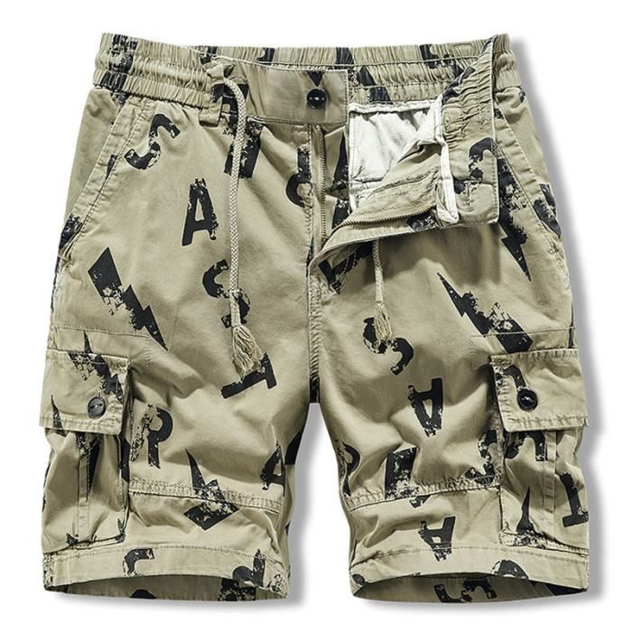 Short Homme Imprimé Multi-poche 100% Coton Casual Shorts Homme Avec ...