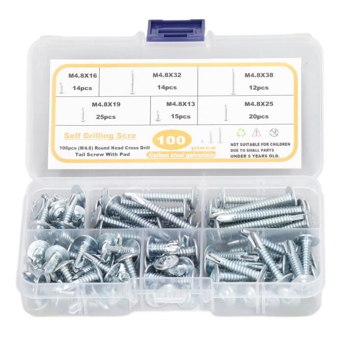 SHE - 100PCS M4.8 Assortiment de vis auto-perceuses Vis à tête ronde en acier au carbone à ...