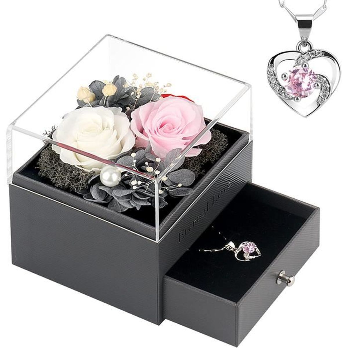 Boite Cadeau Rose éternelle avec Collier Coffret Cadeau pour l'anniversaire Saint Valentin Noël ...