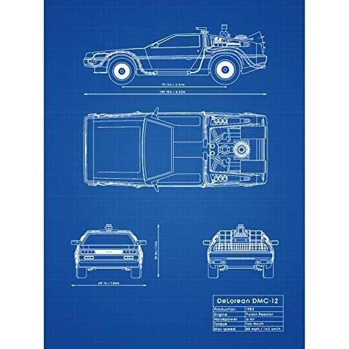 Delorean Dmc-13 Future Time Travel Car Blueprint Plan Art Print Canvas Premium Wall Decor Poster ...