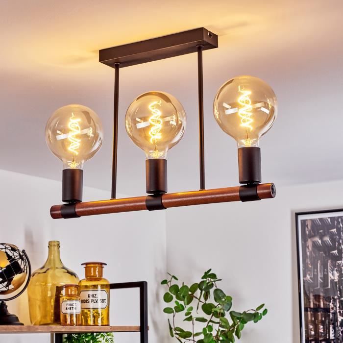 Plafonnier - HOFSTEIN - Clayhurst - Métal Noir - Abat-jour Bois Marron ...