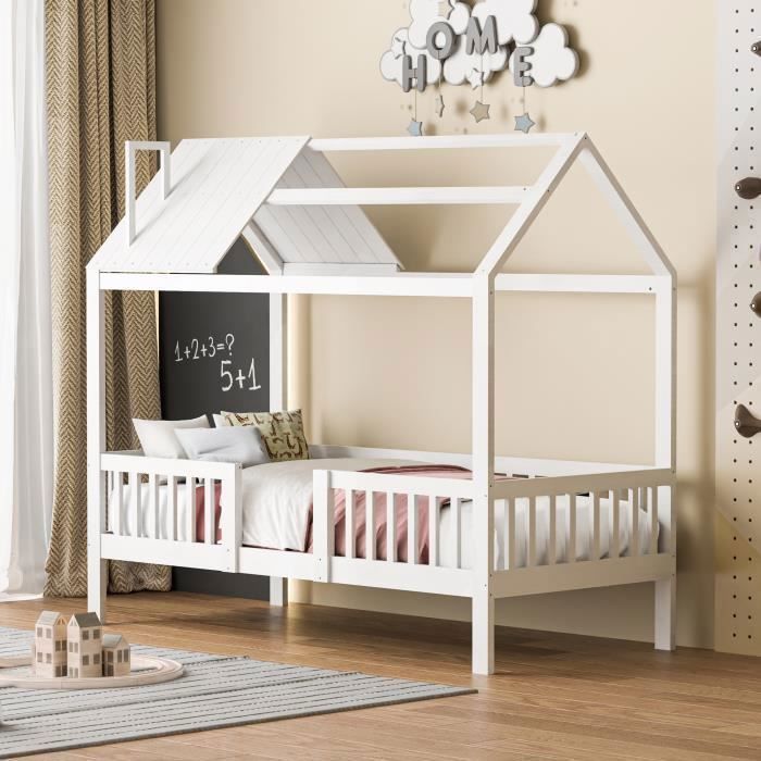 Lit cabane enfant 90x200 cm - LEWW - Blanc - Bois massif - Avec ...
