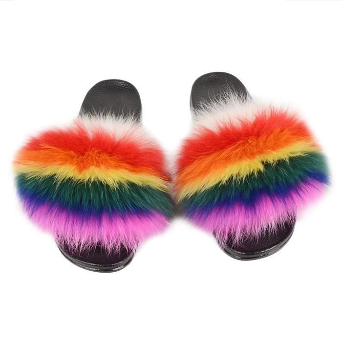 Chausson HHZVJ Real Fox Fur Slides Slipper Sandal Fluffy Slides for ...