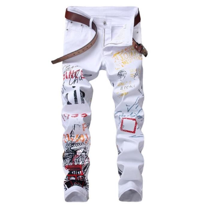 Jeans Fashion Homme Imprimé Slim Fit Stretch Effet Graffiti et Abrasion ...