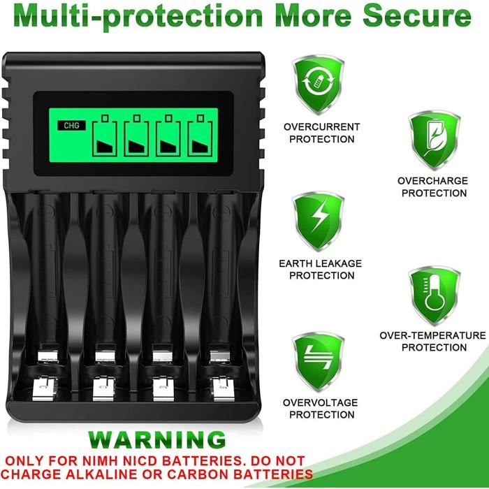 Chargeur de piles rechargeable-KAL-Chargeur Piles Rechargeables 4 Slots ...