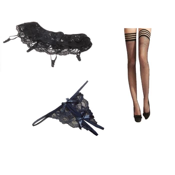 Lot Lingerie Sexy Bas Résille Porte Jarretelle Et String Fendu