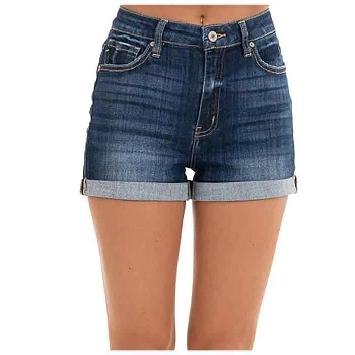 Short en jean décontracté à taille haute pour femmes, couleur unie ...