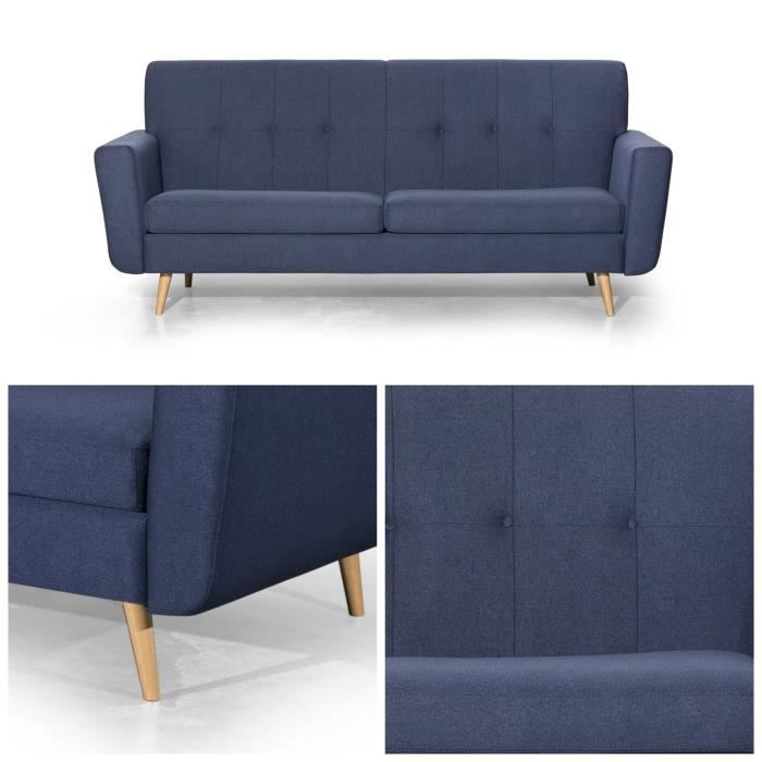 ICELAND Canapé droit fixe 3 places - Tissu bleu - Scandinave - L 215 x ...