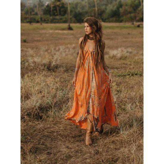 Femmes Robe Longue Imprimée Sans Manches Sexy à Dos Orange