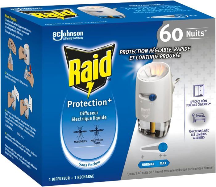 Raid Diffuseur Electrique Liquide Protection+ - Protection Réglable - Moustiques Moustiques ...