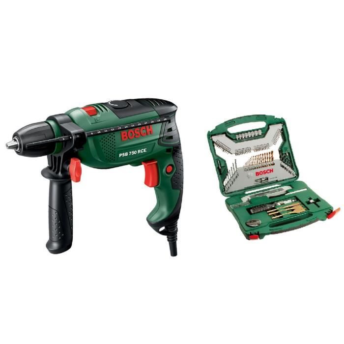 BOSCH Perceuse à percussion PSB 750 RCE 750 W avec 100 accessoires ...