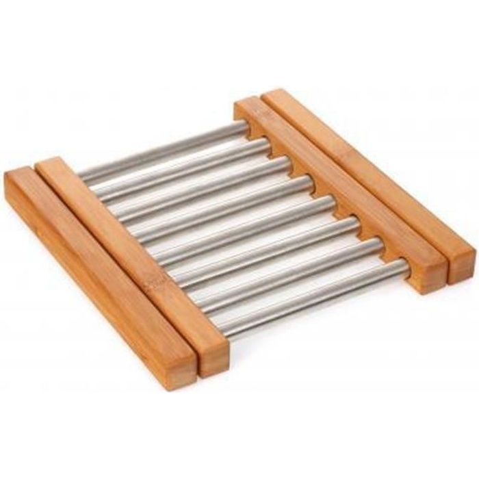 Dessous de Plat - PARIS PRIX - Extensible en Bambou & Inox - 22 à 44 cm - Bois & Argenté ...
