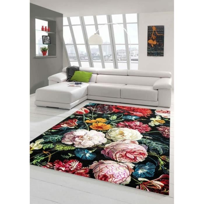 Tapis Fleurs Salon Tapis Bouquet en Noir crème Rouge Größe 120x170[S56 ...