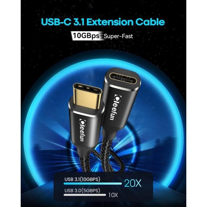 Rallonge USB C 0,5m, USB 3.1 Cable USB C Mâle vers Femelle prend 10Gbps ...