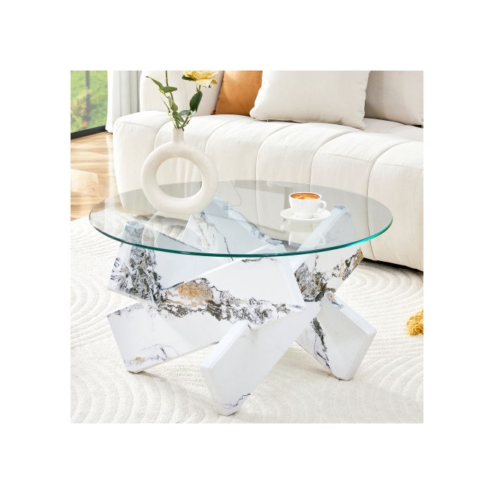 Table basse ronde en MDF + verre en option multicolore pieds de support à motifs imitation ...