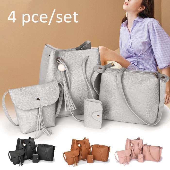 Sac à Main bandoulière Portemonnaie en Cuir Femme GRIS - 4pcs ...