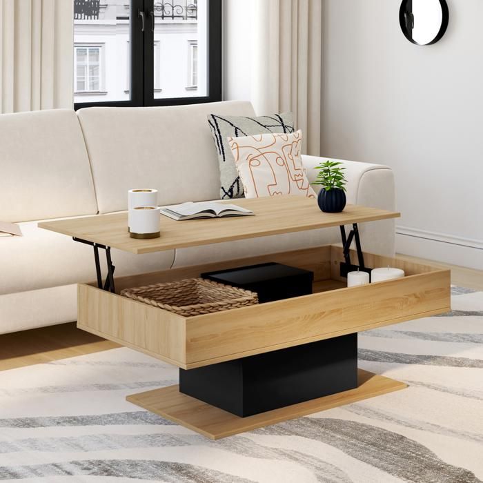 IDMARKET Table basse plateau relevable rectangulaire EDEN bois et noir ...