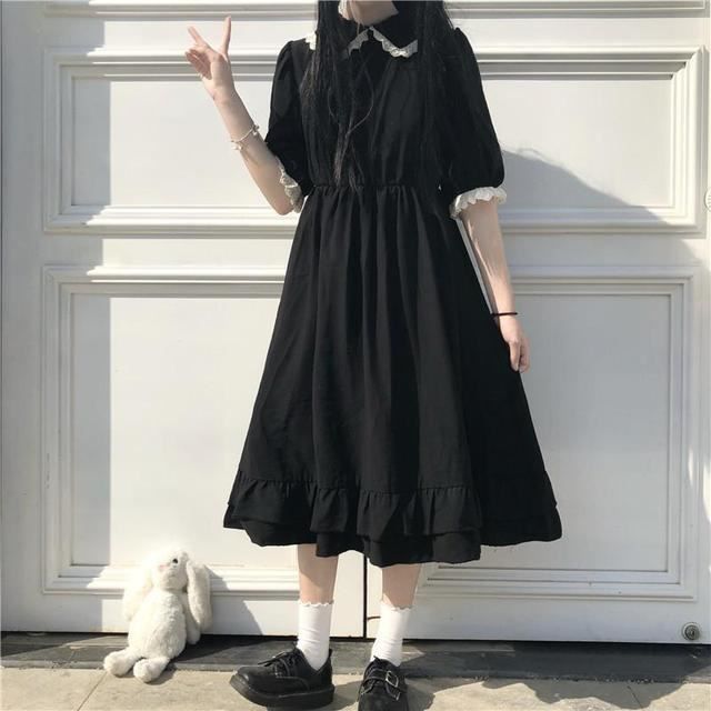 Robe,robe noire Style Lolita Mori Girl,tenue féerique,col Pan,manches ...